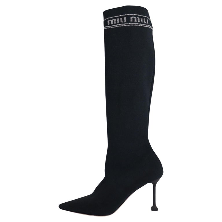 Miu Miu-38-Black Stretch Fabric Knee High Sock Boots For Sale at 1stDibs