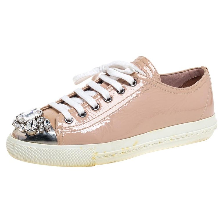 Miu Miu Beige Patent Leather Crystal Embellished Low Top Sneakers Size 37 at 1stDibs