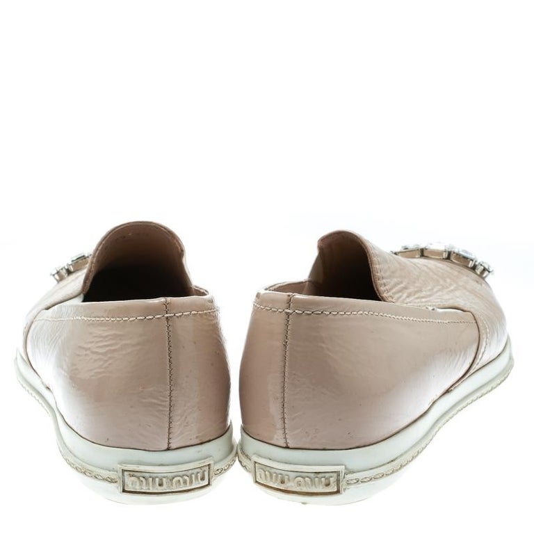 Miu Miu Beige Patent Leather Crystal Embellished Pointed Cap Toe Slip On Sneaker For Sale at 1stDibs