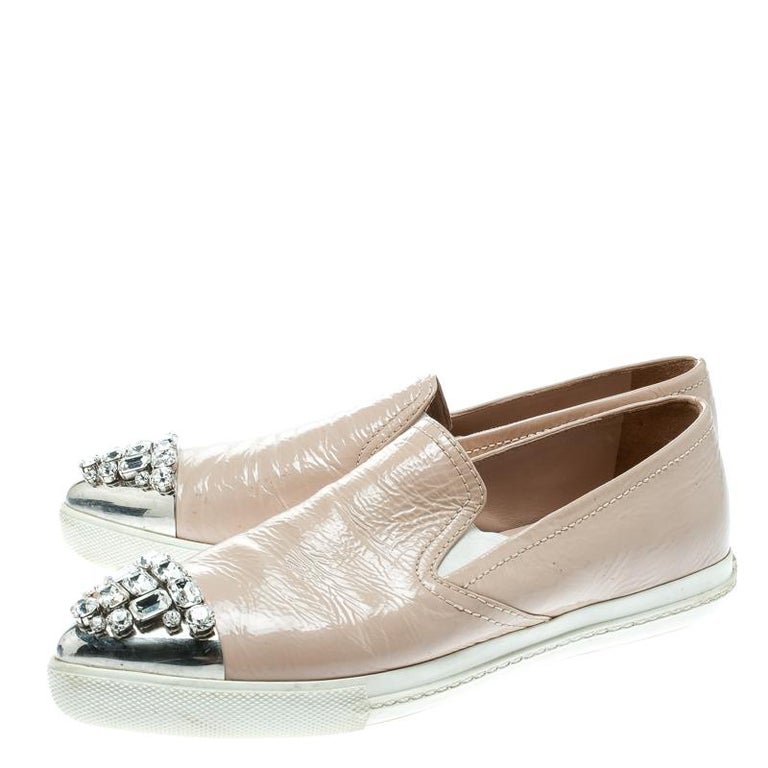 Miu Miu Beige Patent Leather Crystal Embellished Pointed Cap Toe Slip On Sneaker For Sale at 1stDibs