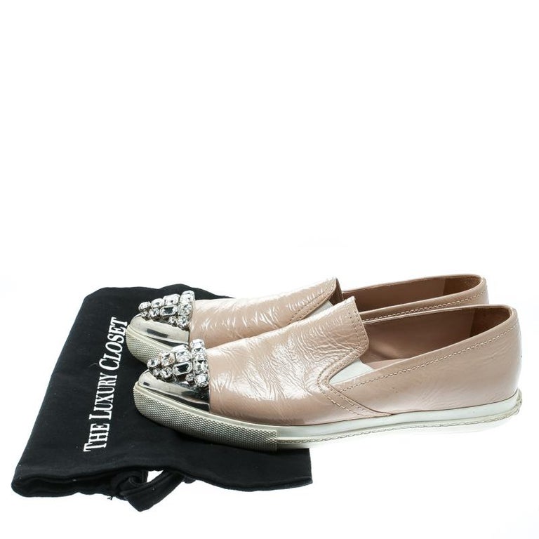 Miu Miu Beige Patent Leather Crystal Embellished Pointed Cap Toe Slip On Sneaker For Sale at 1stDibs