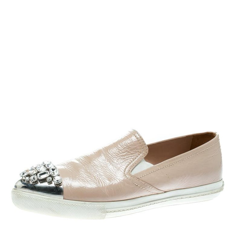 Miu Miu Beige Patent Leather Crystal Embellished Pointed Cap Toe Slip On Sneaker For Sale at 1stDibs