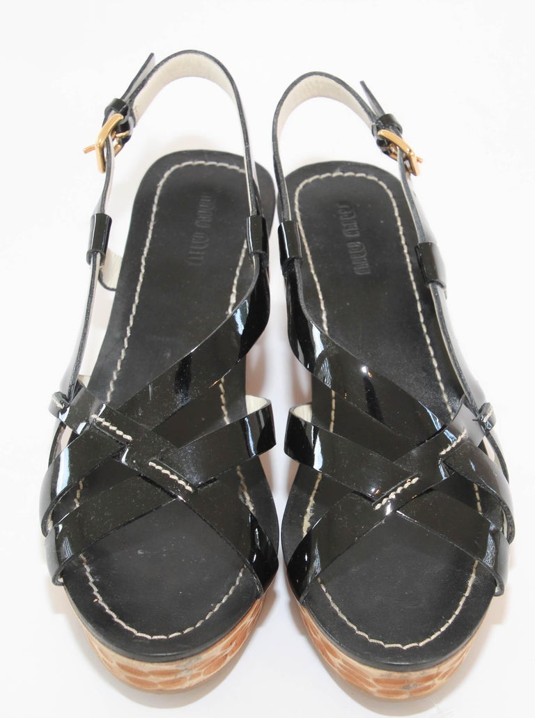 MIU MIU Black Criss Cross Patent Leather Sling Back Wooden Wedges ...