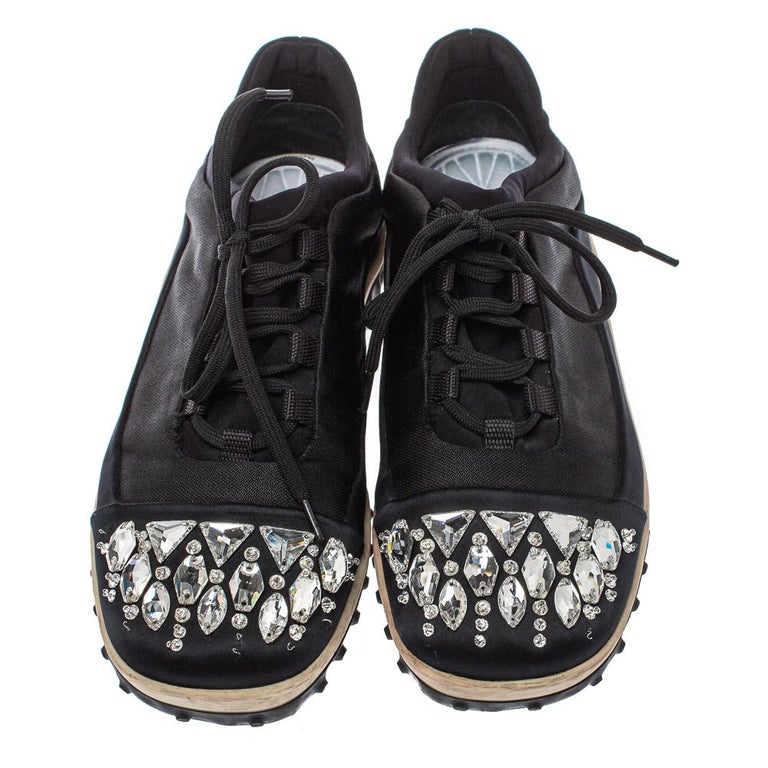 Miu Miu Black Fabric Crystal Embellished Low Top Sneakers Size 38 at 1stDibs