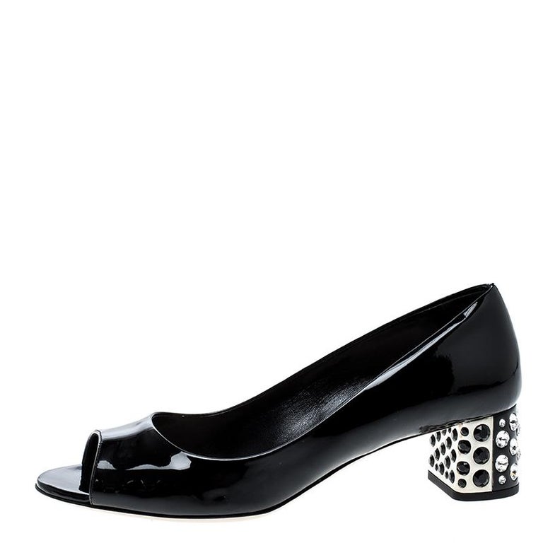 Miu Miu Black Patent Leather Crystal Block Heel Open Toe Pumps Size 37.5 For Sale at 1stDibs