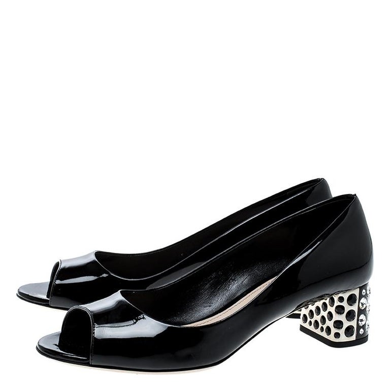 Miu Miu Black Patent Leather Crystal Block Heel Open Toe Pumps Size 37.5 For Sale at 1stDibs