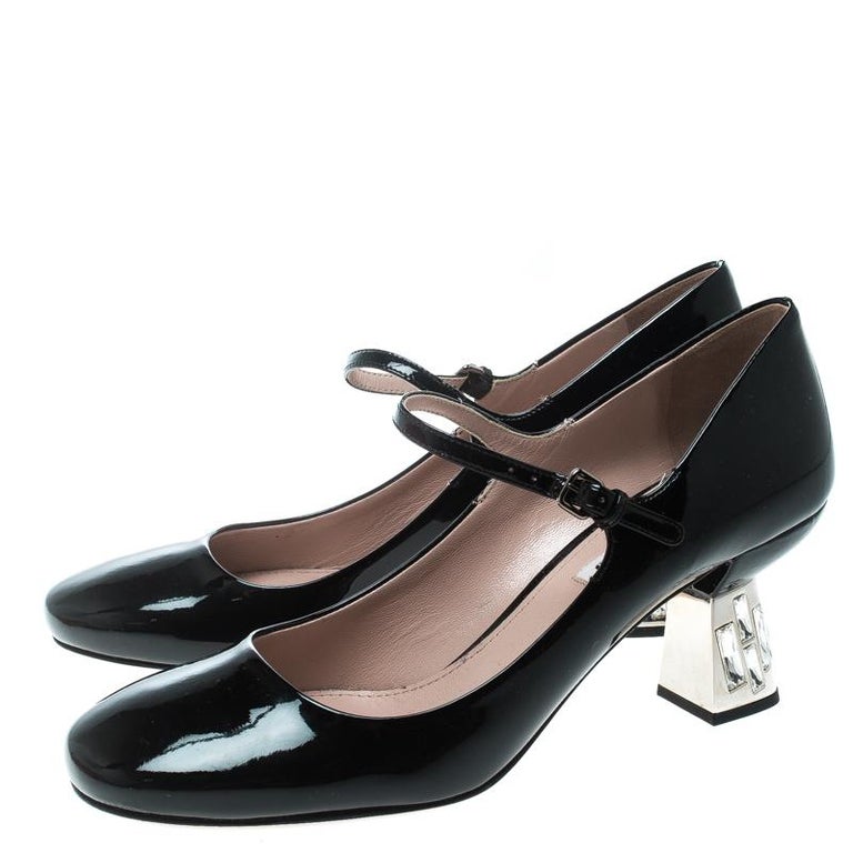 Miu Miu Black Patent Leather Crystal Embellished Heel Mary Jane Pumps Size 39 For Sale at 1stDibs