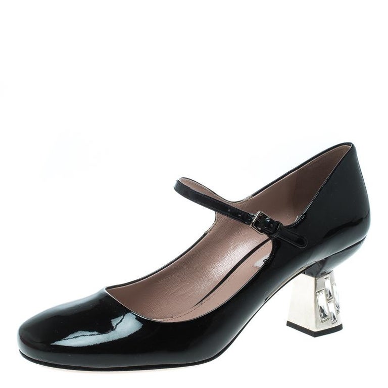 Miu Miu Black Patent Leather Crystal Embellished Heel Mary Jane Pumps Size 39 For Sale at 1stDibs