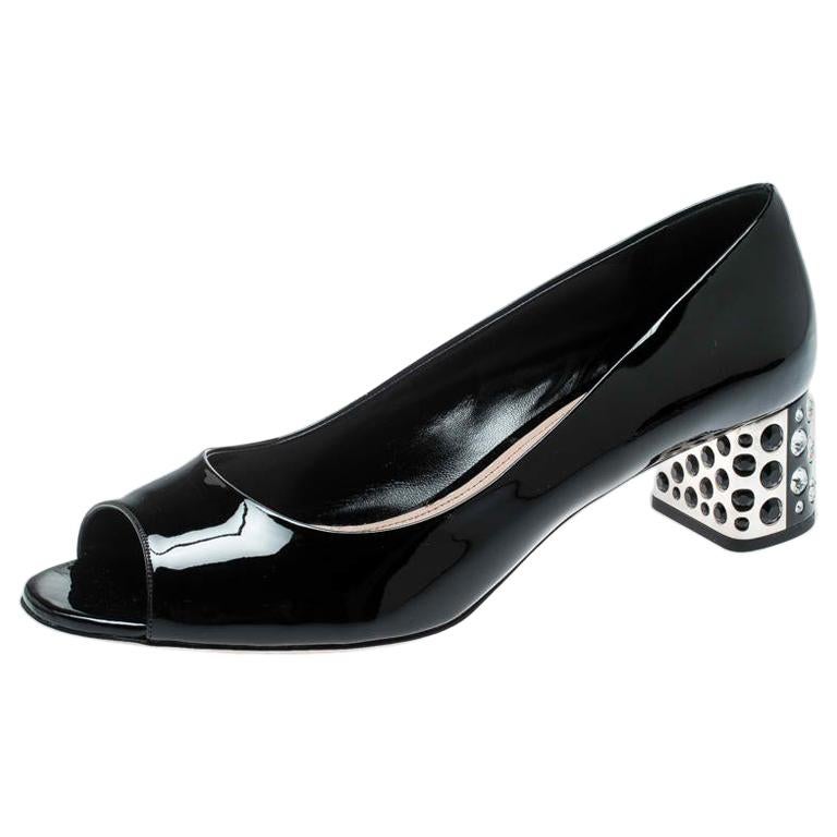 Miu Miu Black Patent Leather Crystal Embellished Heel Peep Toe Pumps 39 at 1stDibs
