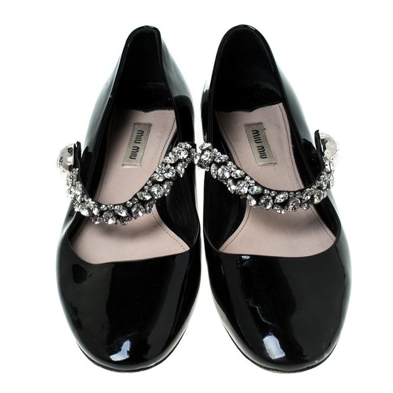 Miu Miu Black Patent Leather Crystal Embellished Strap Mary Jane Flats Size 41 at 1stDibs | miu ...