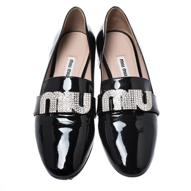 Miu Miu Black Patent Leather Crystal Embellshed Logo Ballet Flats Size 35 at 1stDibs