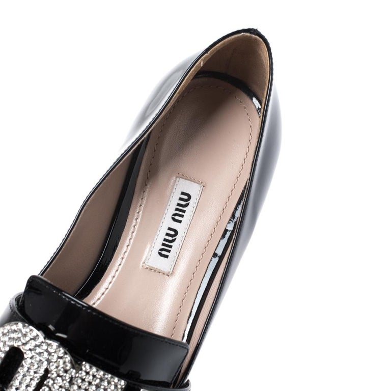 Miu Miu Black Patent Leather Crystal Embellshed Logo Ballet Flats Size 35 at 1stDibs
