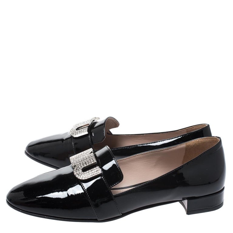 Miu Miu Black Patent Leather Crystal Embellshed Logo Ballet Flats Size 35 at 1stDibs