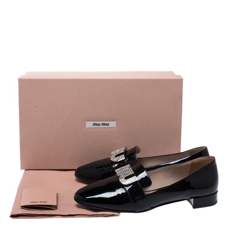 Miu Miu Black Patent Leather Crystal Embellshed Logo Ballet Flats Size 35 at 1stDibs