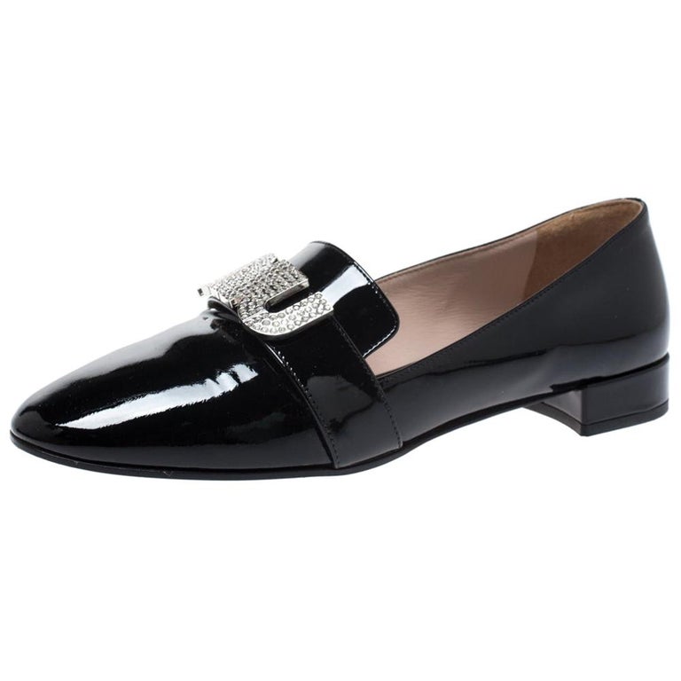Miu Miu Black Patent Leather Crystal Embellshed Logo Ballet Flats Size 35 at 1stDibs