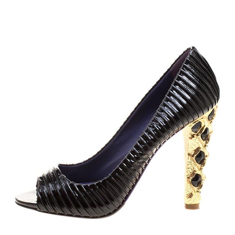 Miu Miu Black Plisse Patent Leather Crystal Embellished Heel Peep Toe Pumps Size For Sale at 1stDibs