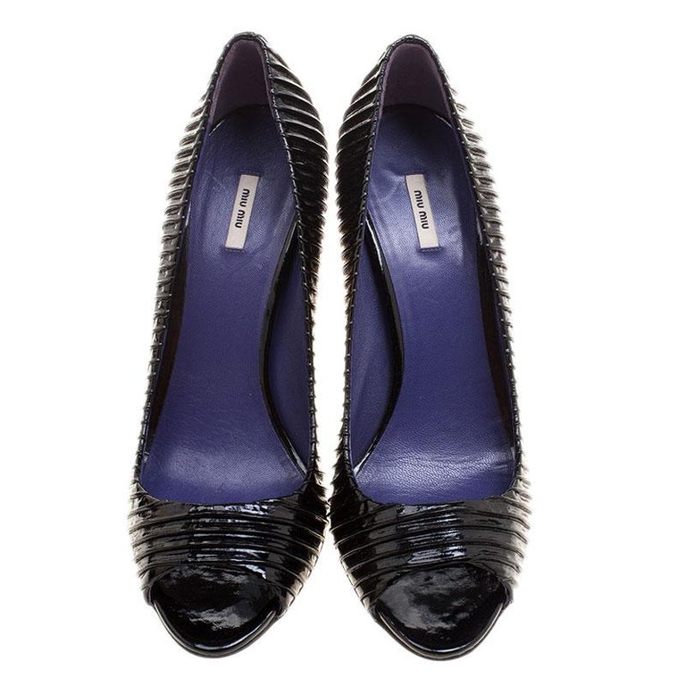 Miu Miu Black Plisse Patent Leather Crystal Embellished Heel Peep Toe Pumps Size For Sale at 1stDibs