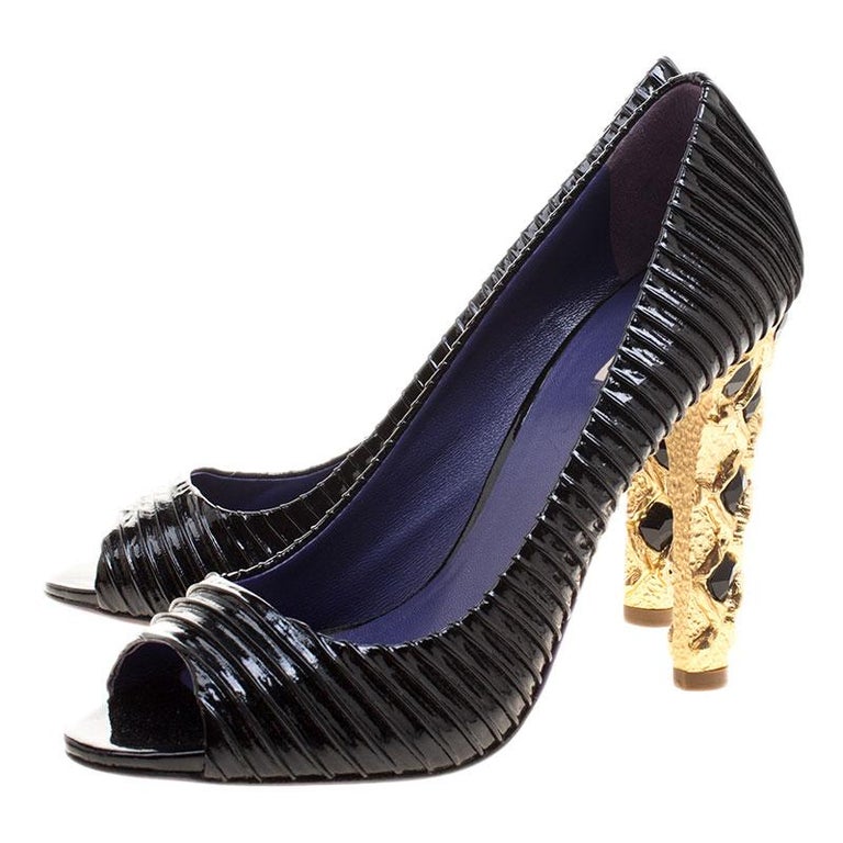Miu Miu Black Plisse Patent Leather Crystal Embellished Heel Peep Toe Pumps Size For Sale at 1stDibs