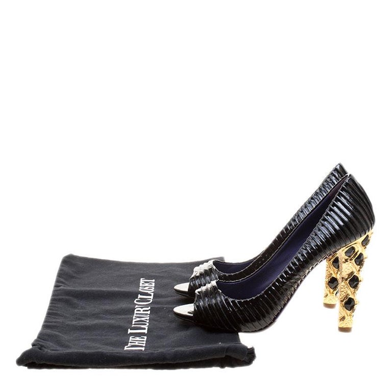Miu Miu Black Plisse Patent Leather Crystal Embellished Heel Peep Toe Pumps Size For Sale at 1stDibs