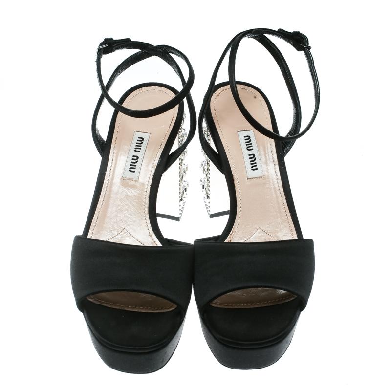 Miu Miu Black Satin Crystal Embellished Block Heel Ankle Strap Sandals Size 37.5 For Sale at ...