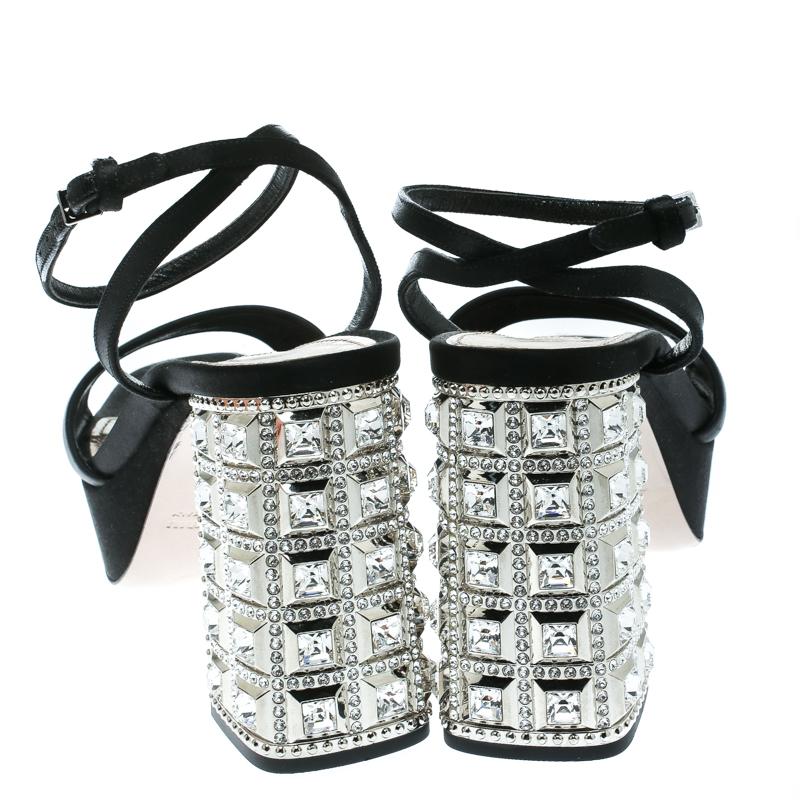 Miu Miu Black Satin Crystal Embellished Block Heel Ankle Strap Sandals Size 37.5 For Sale at ...