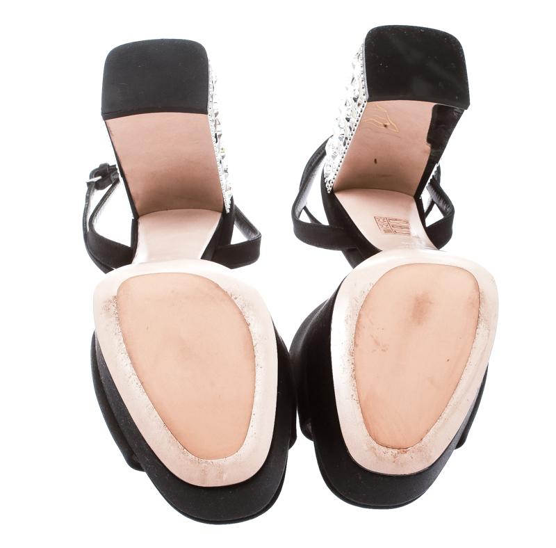 Miu Miu Black Satin Crystal Embellished Block Heel Ankle Strap Sandals Size 37.5 For Sale at ...