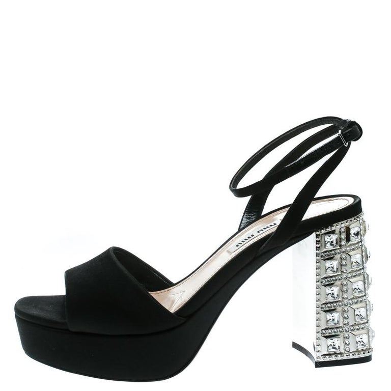 Miu Miu Black Satin Crystal Embellished Block Heel Ankle Strap Sandals Size 37.5 For Sale at ...