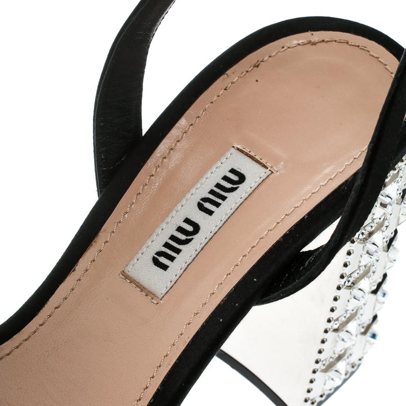 Miu Miu Black Satin Crystal Embellished Block Heel Ankle Strap Sandals Size 37.5 For Sale at ...
