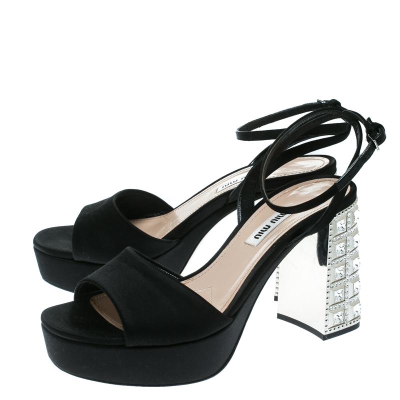 Miu Miu Black Satin Crystal Embellished Block Heel Ankle Strap Sandals Size 37.5 For Sale at ...