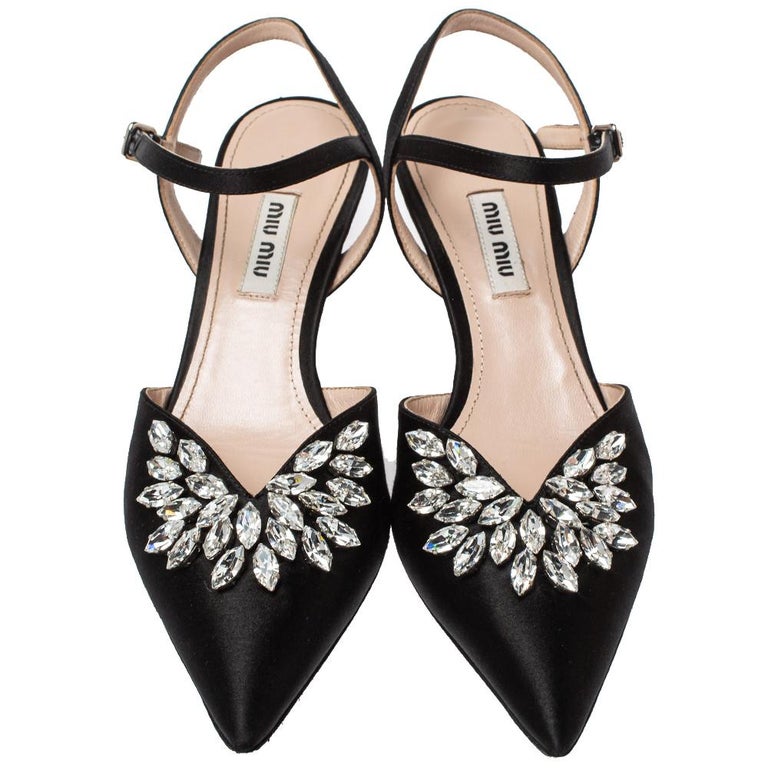 Miu Miu Black Satin Crystal Embellished Kitten Heel Ankle Strap Sandals Size 37 at 1stDibs