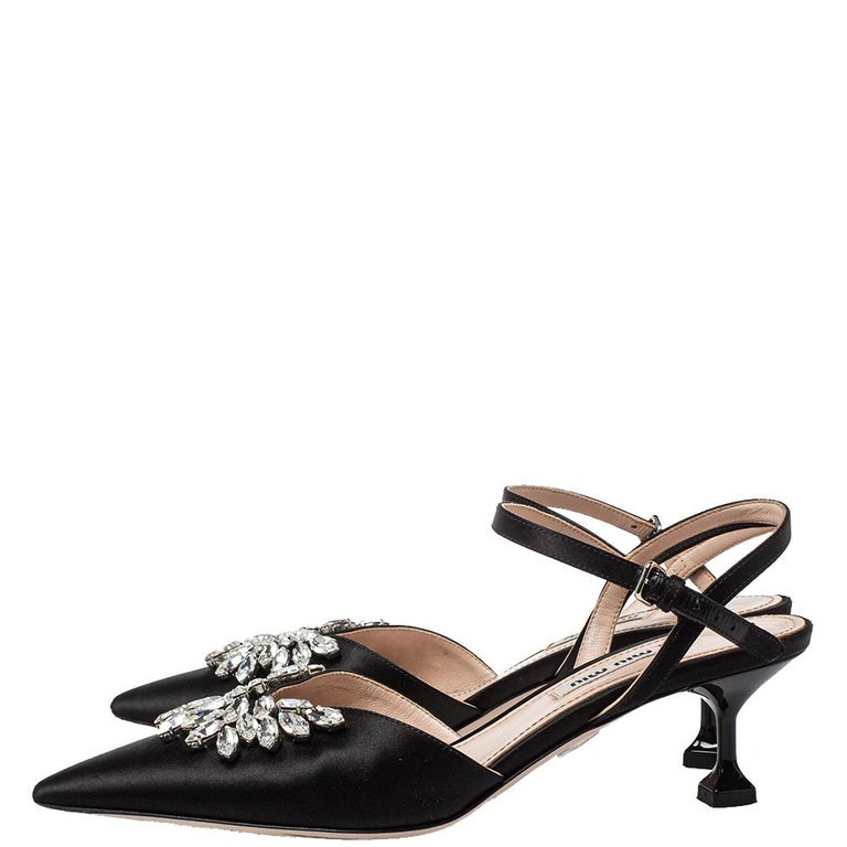 Miu Miu Black Satin Crystal Embellished Kitten Heel Ankle Strap Sandals Size 37 at 1stDibs