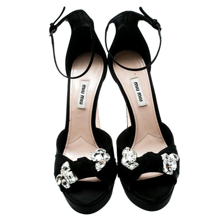 Miu Miu Black Satin Crystal Embellished Ribbon platform Sandals Size 39 at 1stDibs