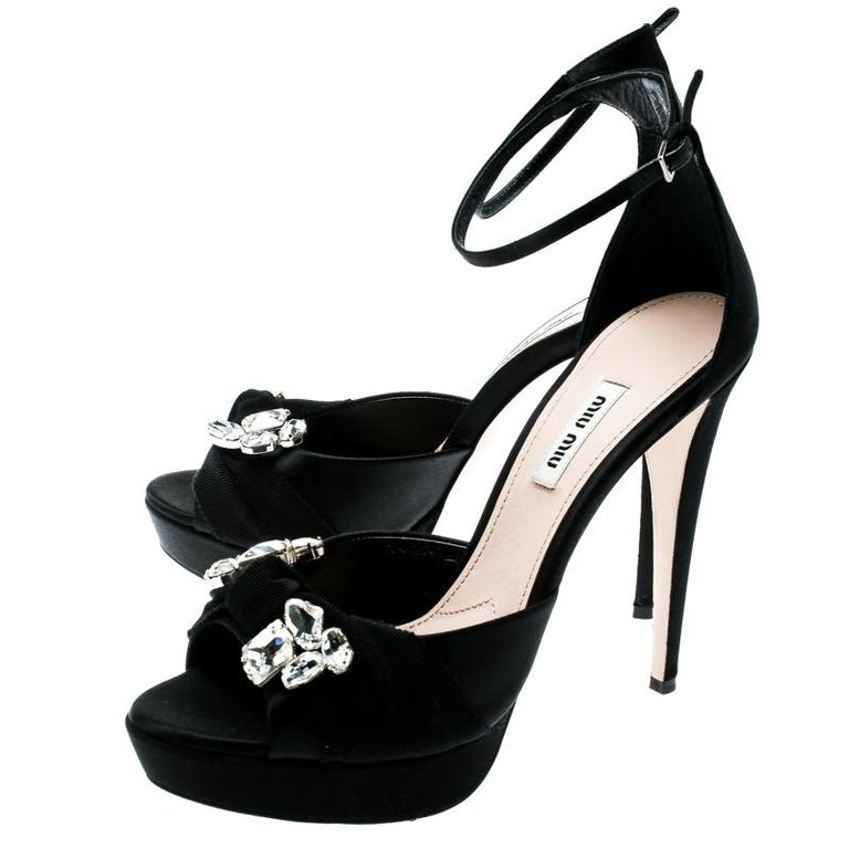 Miu Miu Black Satin Crystal Embellished Ribbon platform Sandals Size 39 at 1stDibs