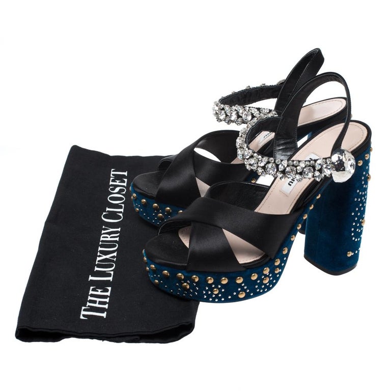 Miu Miu Black Satin Crystal Embellished Strappy Platform Sandals Size 35 For Sale at 1stDibs