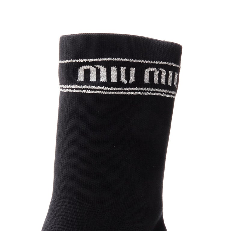 MIU MIU black silver logo sock knit point toe kitten heel bootie EU36.5 ...