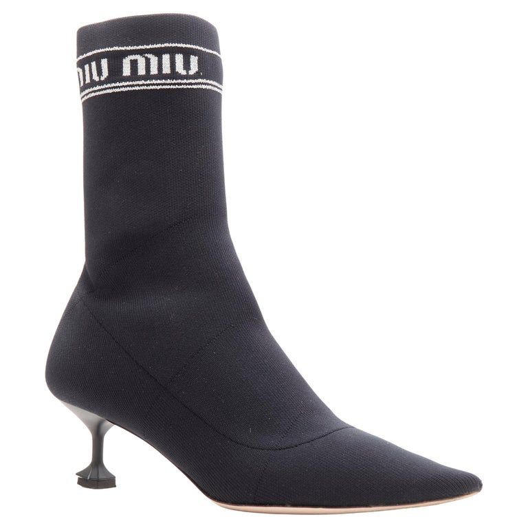 MIU MIU black silver logo sock knit point toe kitten heel bootie EU36.5 ...