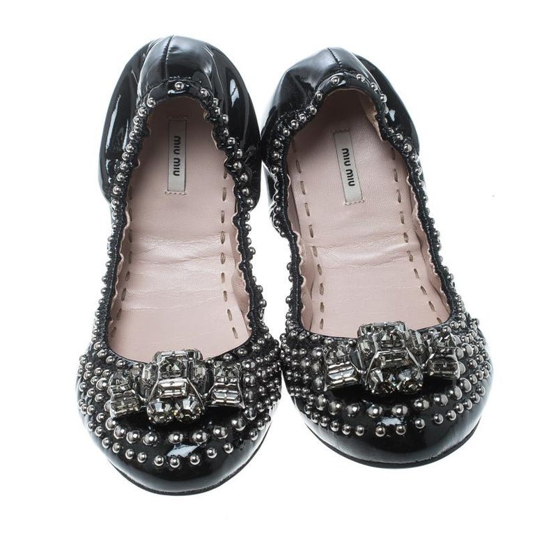 Miu Miu Black Studded Patent Leather Crystal Embellished Ballet Flats Size 37.5 For Sale at 1stDibs
