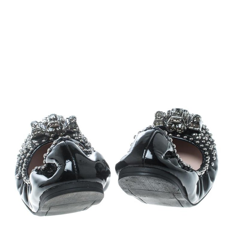 Miu Miu Black Studded Patent Leather Crystal Embellished Ballet Flats Size 37.5 For Sale at 1stDibs