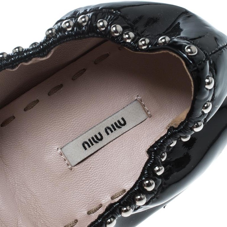 Miu Miu Black Studded Patent Leather Crystal Embellished Ballet Flats Size 37.5 For Sale at 1stDibs