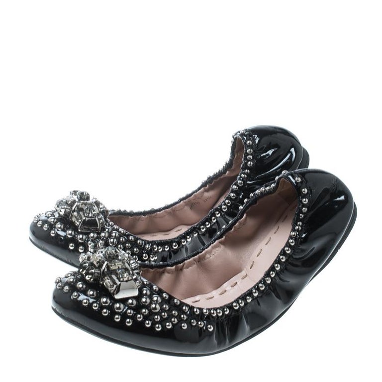 Miu Miu Black Studded Patent Leather Crystal Embellished Ballet Flats Size 37.5 For Sale at 1stDibs