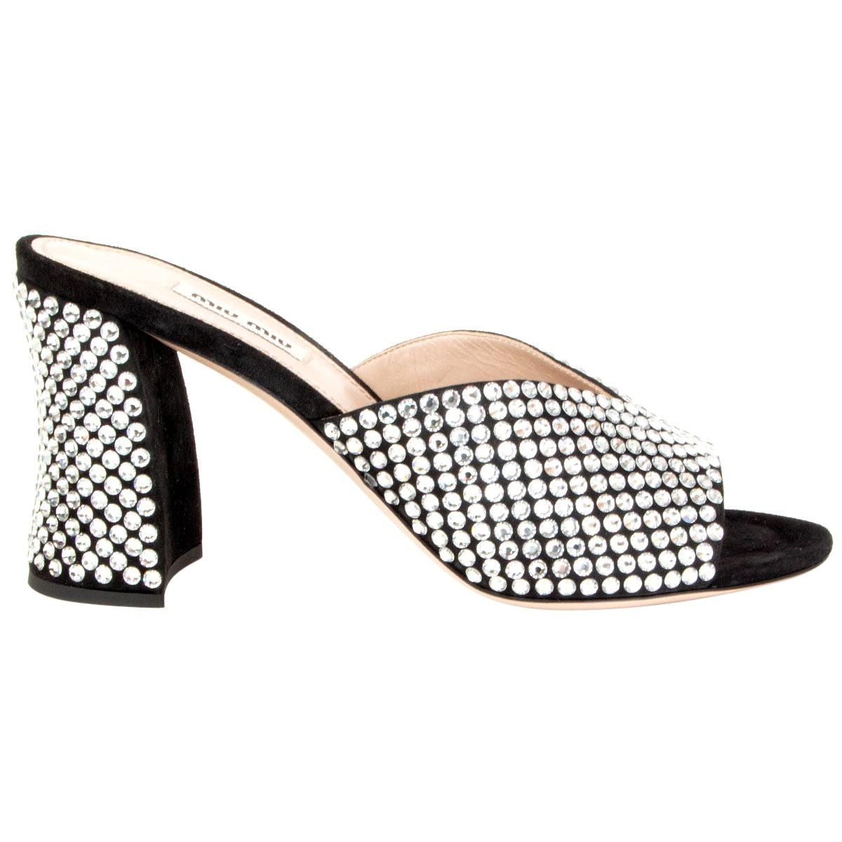 MIU MIU black suede CRYSTAL EMBELLISHED BLOCK HEEL Sandals Shoes 38 at ...