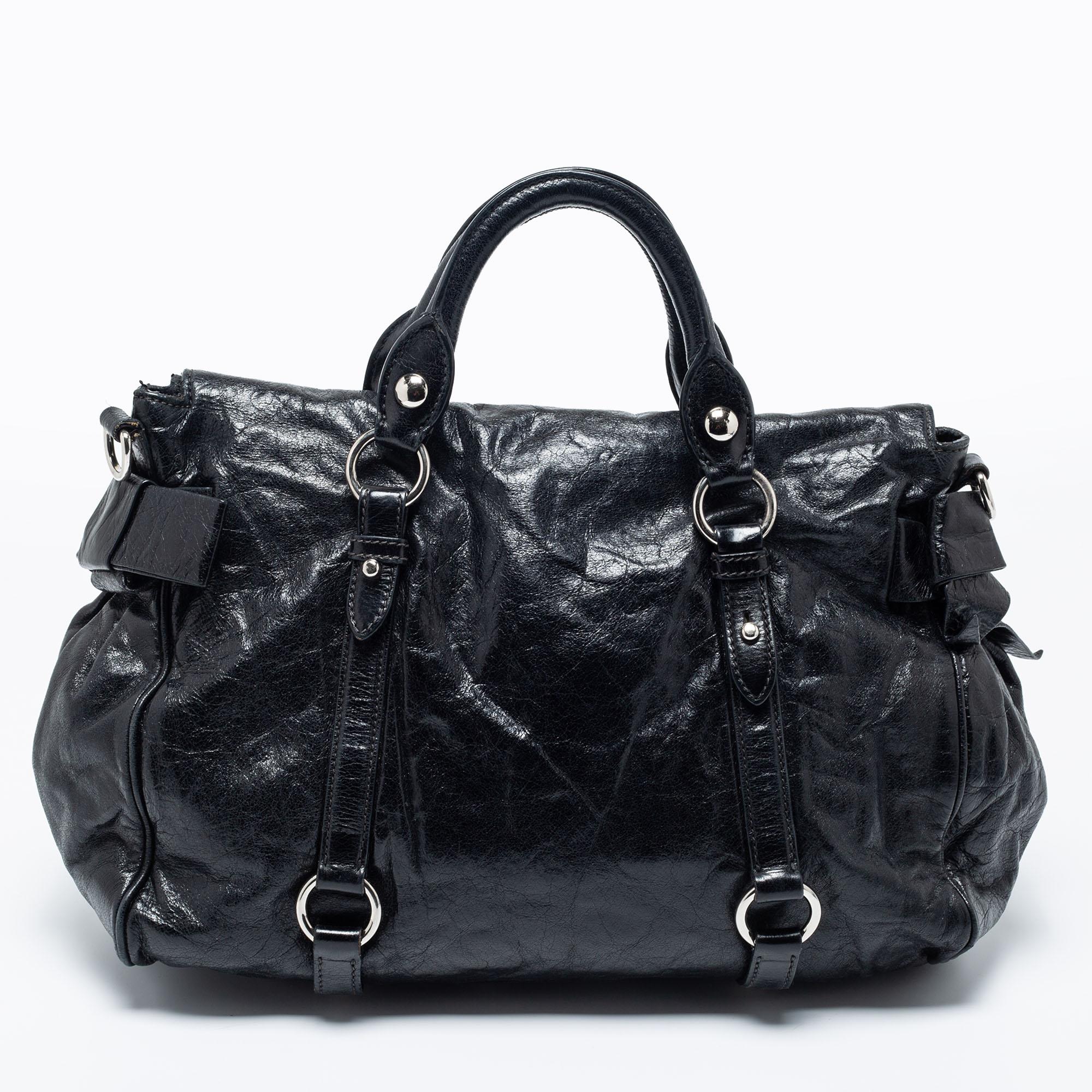 Miu Miu Black Vitello Lux Leather Bow Satchel at 1stDibs