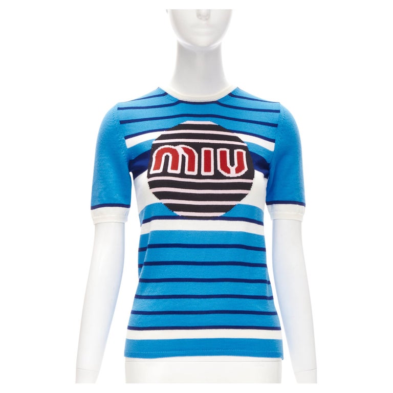 MIU MIU blue graphic circle logo striped knitted sweater top S at 1stDibs