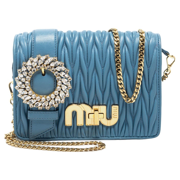 Miu Miu Blue Leather Matelasse Crystal Shoulder Bag For Sale at 1stDibs