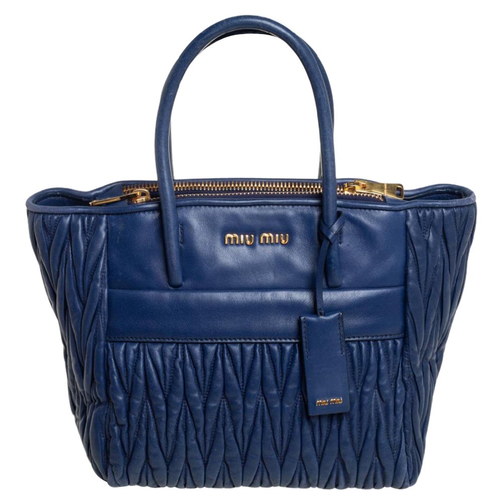 Miu Miu Light Blue Madras Leather Pushlock Tote For Sale at 1stDibs