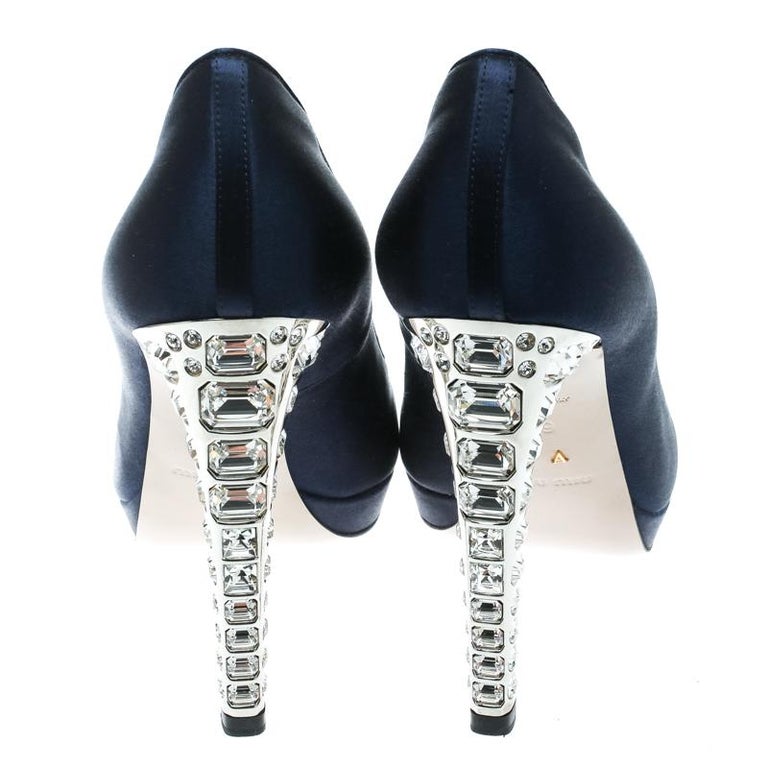 Miu Miu Blue Satin Crystal Embellished Heel Peep Toe Platform Pumps ...