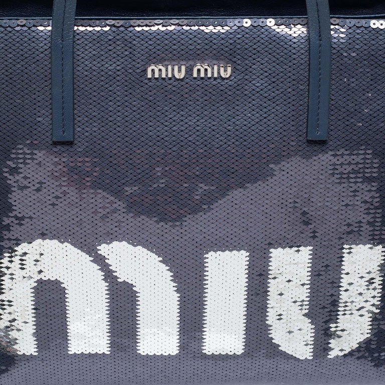 Miu Miu Blue/Silver Sequins and Leather Shopper Tote For Sale at 1stDibs