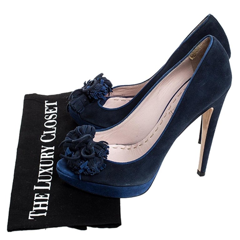 Miu Miu Blue Suede Tassel Detail Peep Toe Platform Pumps Size 39 at ...