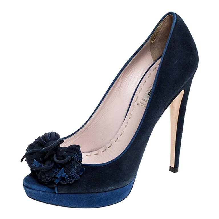 Miu Miu Blue Suede Tassel Detail Peep Toe Platform Pumps Size 39 at ...
