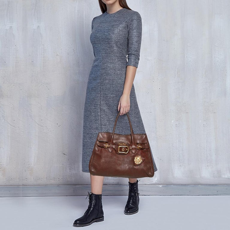 Miu Miu Brown Leather Unity is Strength Pin Tote For Sale at 1stDibs
